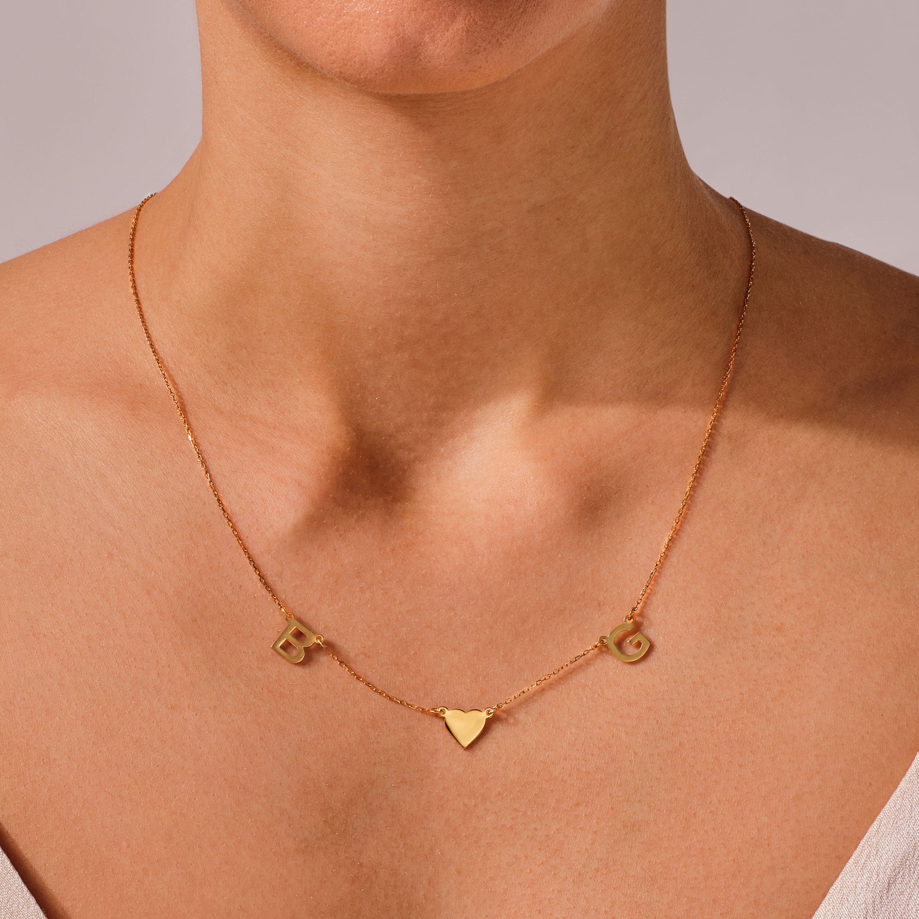 Personalized Double Initial Heart Necklace in 14K Solid Gold for Valen ...
